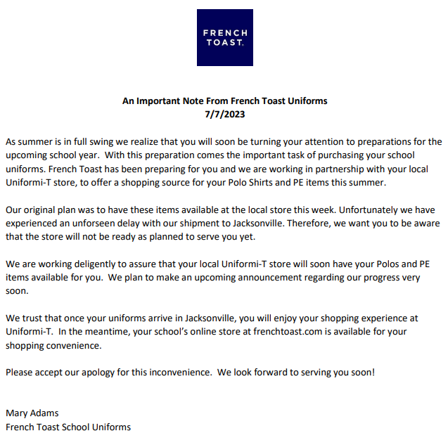 RCSA School Uniform Store Update – RCSA Rocket Link